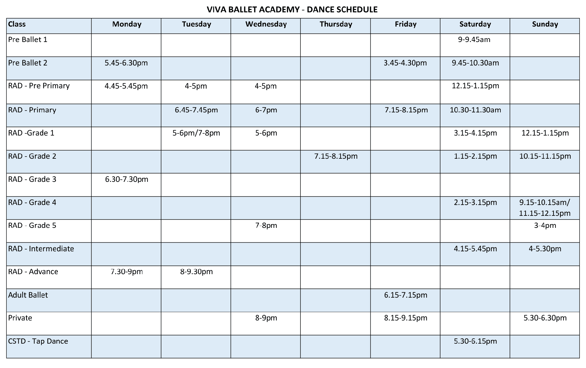 Class Schedule - VIVA Ballet Academy